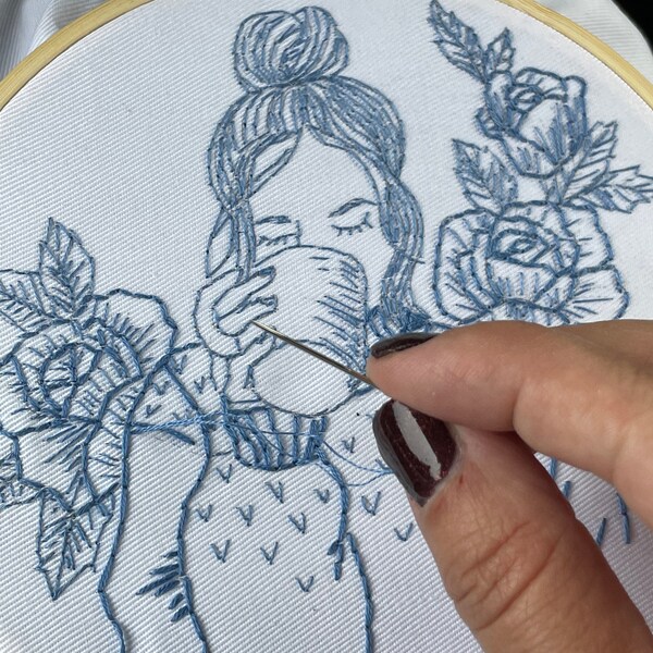 Blue Floral Lady - Blue Wall Art, Hand Embroidery, Blue White ...