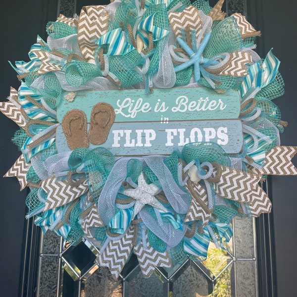 White Anchor Mesh Swag Wreath With Starfish and Florals, Beach Swag ...