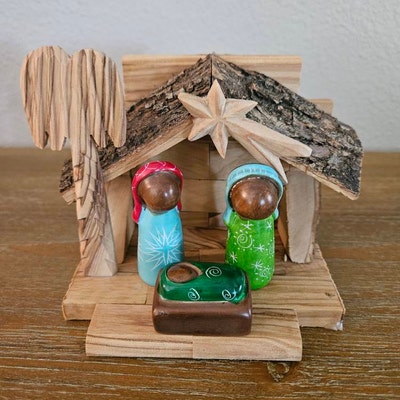 4.5 Alabaster Olive Wood Nativity Set Stable With Glued Biblical ...