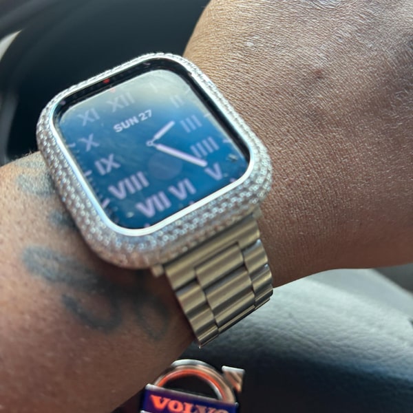 White Gold Lab Diamond Apple Watch Case 40mm- 49 Ultra 1/2/3 Series 10 ...