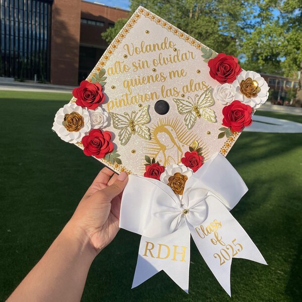 Blue Graduation Cap Topper, Paper Flower Grad Cap, Gold Beaded ...