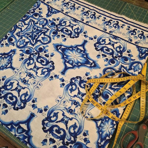 Italian Design Linen Fabric: Blue Tile Print, Summer Clothing, Drapery ...