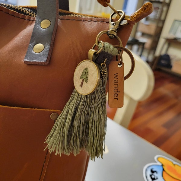 Wander Keychain, Explore Hike Tassel, Tiny Hand Embroidery Pine Tree ...