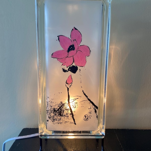 Lotus Lighted Glass Block, Zen Decor, Tropical Decor, Upcycled Retro ...