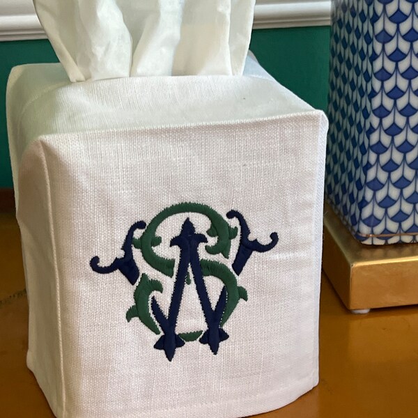 Linen Tissue Box Cover With Monogram - Etsy