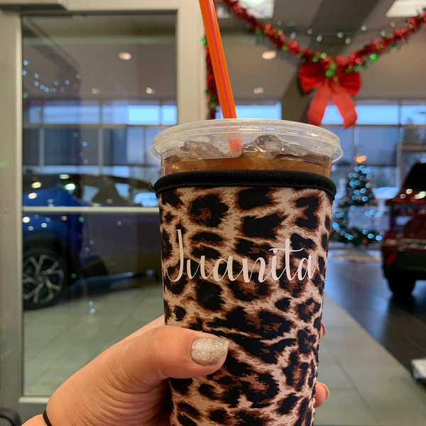Personalized Iced Coffee Holder, Leopard Print Iced Coffee Sleeve ...