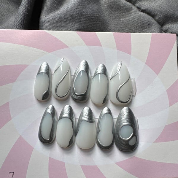Silver Chrome Y2k Aespa Nails / Hand Painted Nail /custom Press on ...