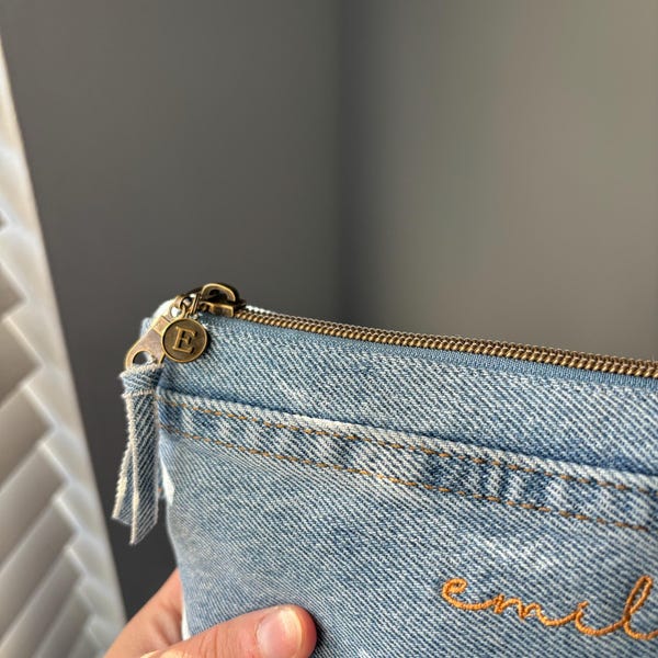 Personalized Upcycled Denim Zipper Pouch: Embroidered Makeup Bag Made ...