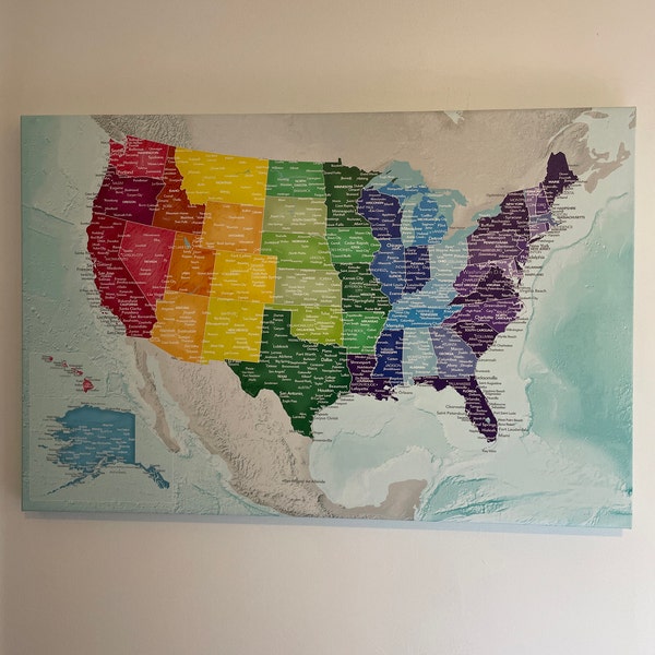 Colorful USA Map, City Names, Lakes & Rivers, Playroom Primary Color ...