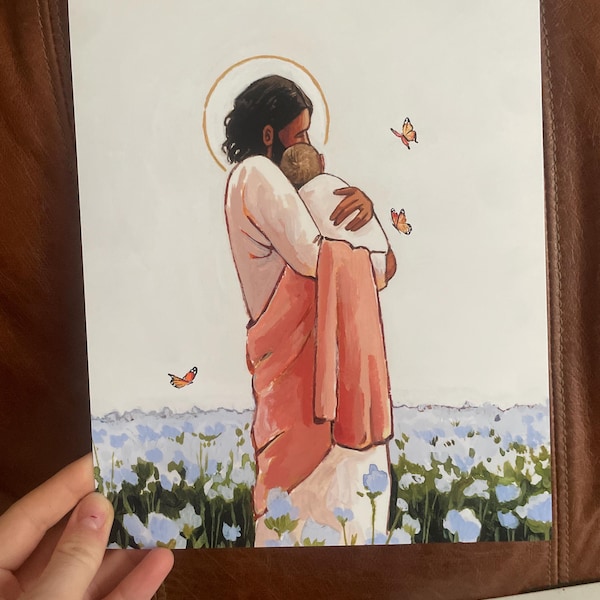 Among the Forget Me Nots- Jesus Holding Angel Baby Art Print, Pregnancy ...