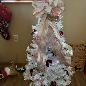 Tree Topper Bows Lantern Bow White and Gold Bow Glitter Christmas Bow ...