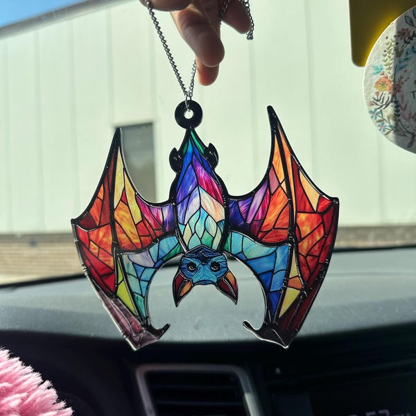 Upside Down Bat Colorful Window Hanging, Acrylic Bat Halloween Tree ...