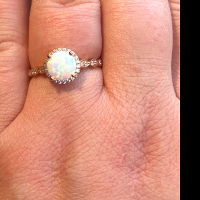 Round Cut Galaxy White Opal Engagement Ring Rose Gold Vintage Fire Opal ...