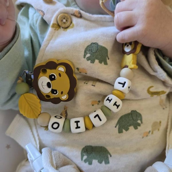 Personalized Silicone Pacifier Clip LION - Mustard, Linen Green and ...