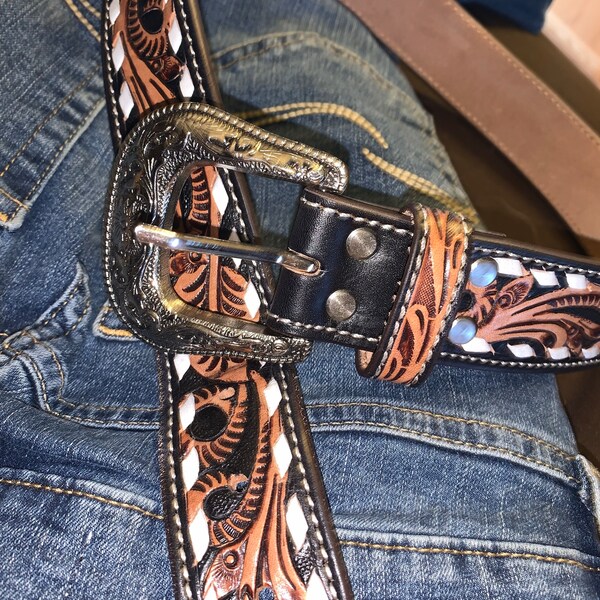Personalized Hand Tooled Leather Buckstitch Western Belt: Floral Design ...