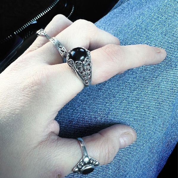 Black Onyx Silver Gothic Cocktail Ring, 925 Sterling Silver Artisan ...