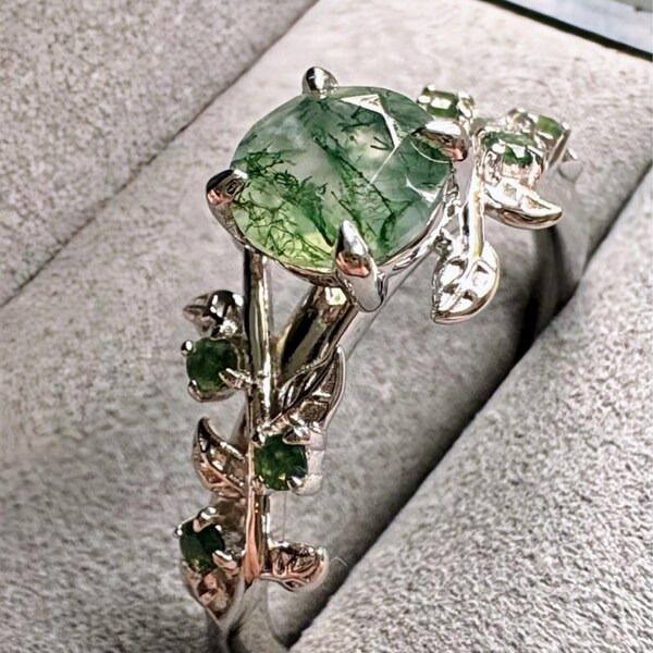 Vintage Moss Agate Engagement Ring Art Deco Leaf Promise Ring Nature ...