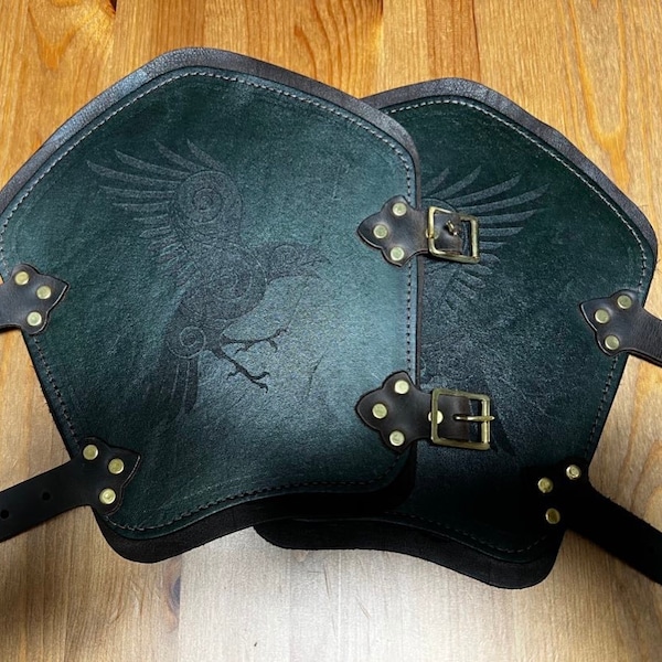 Raven Engraved Waxed Leather Vambraces, Bracers, Arm Guards for Costume ...