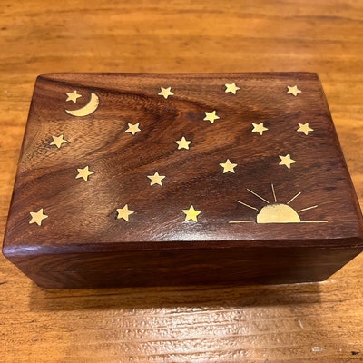 Celestial Brass Inlay Wooden Jewelry Box 4x6, Brass Inlay With Moon and ...