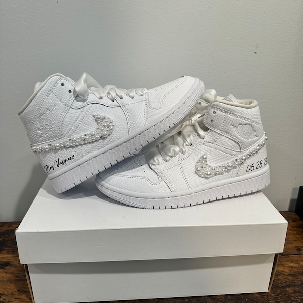 Wedding Bride Air Jordan 1 Mid Sneakers White Pearl Crystal Nike Bling ...