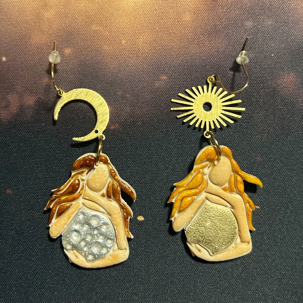 Artemis Goddess Earrings, Sun and Moon Goddess Dangles, Sun and Moon ...