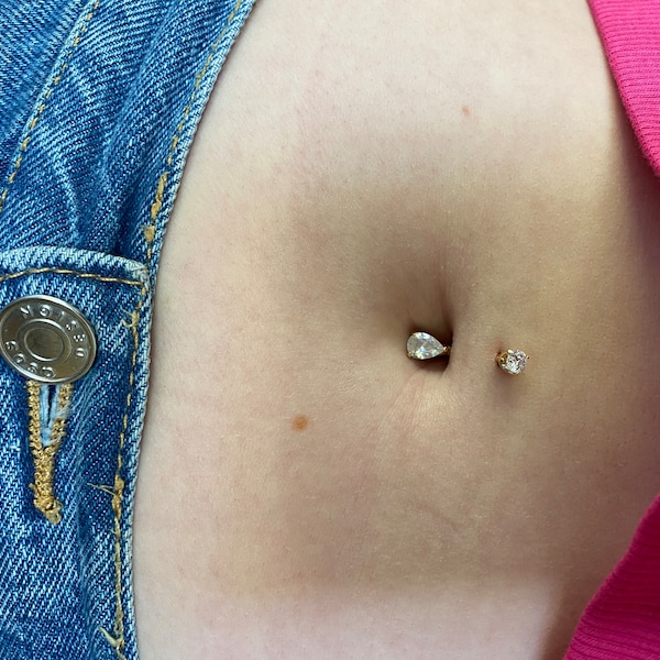 14k Solid Gold Belly Button Ring Navel Piercing Round Shape Two Stones ...