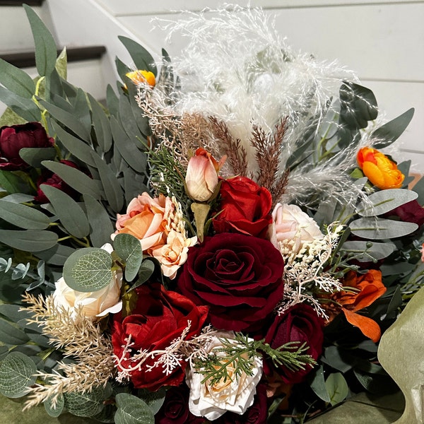 Bridal Bouquet With Burgundy and Rust Orange Flowers, Burgundy and ...