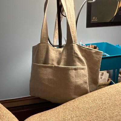 Small Linen Tote Bag With Two Pockets, Handmade Linen Bag With Lining ...