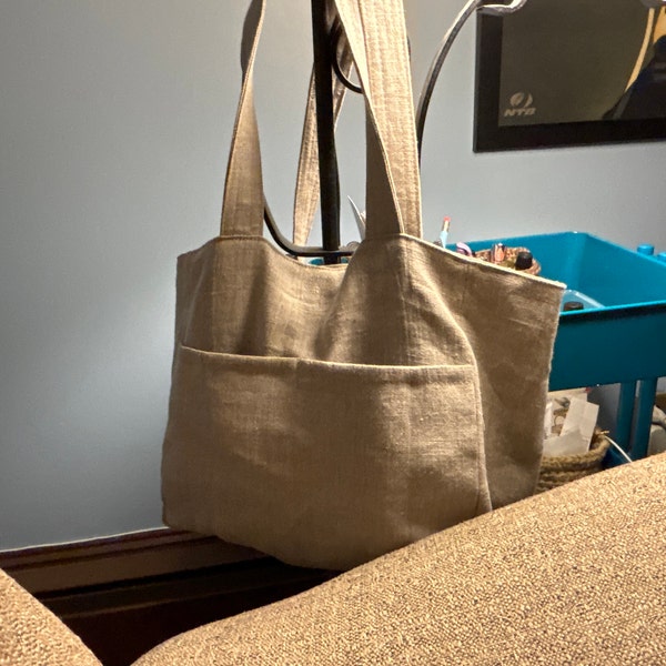 Small Linen Tote Bag With Two Pockets, Handmade Linen Bag With Lining ...