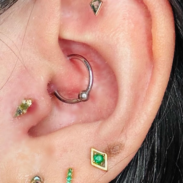 14K Solid Gold Moss Agate Teardrop Rook Earring Oval Shape Rook Earring ...