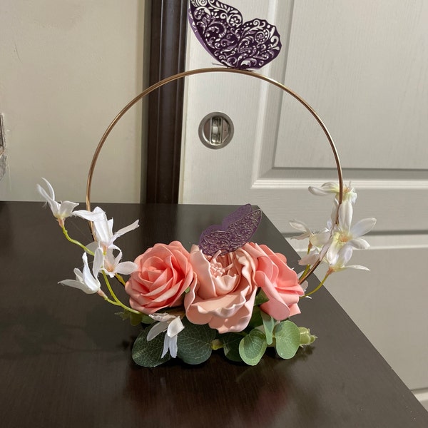 Hoop Centerpiece With Tiered Platform Stand. Metal Hoop Attached to a 3 ...