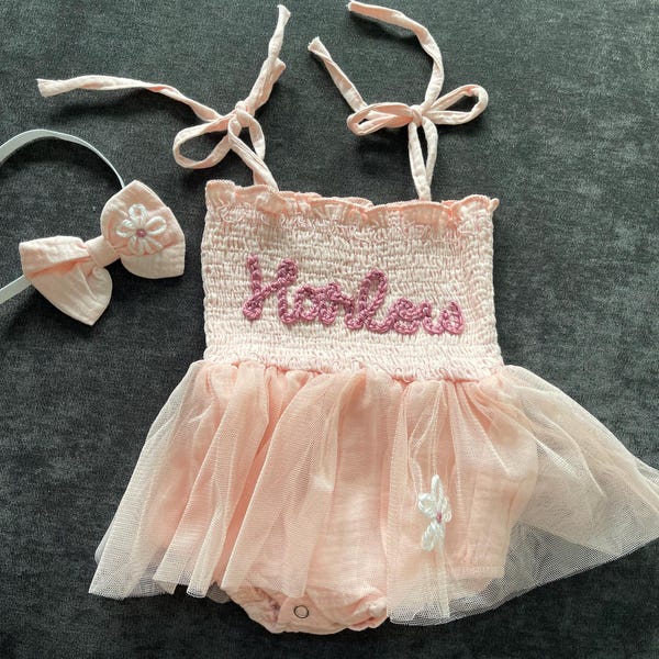 Custom Name Tutu, Hand Embroidered Baby Romper, Personalized Birthday ...