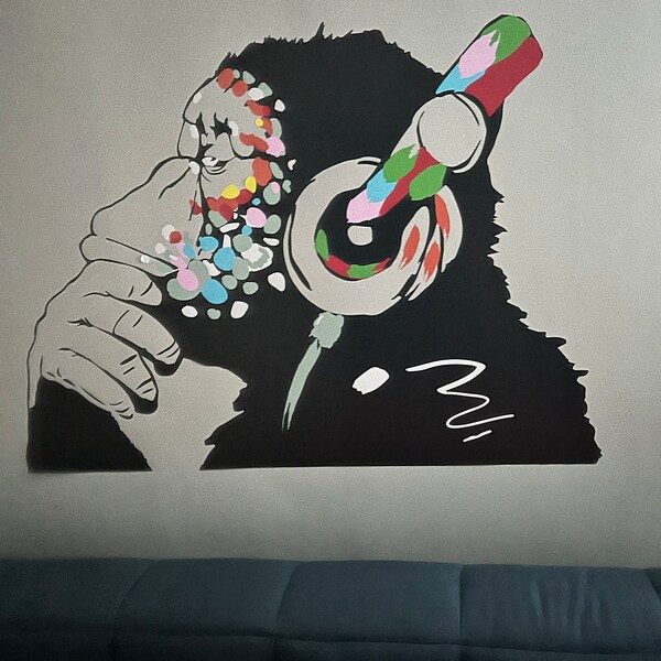 Banksy Monkey With Headphones Wall Sticker - Large Bansky Thinking Dj ...