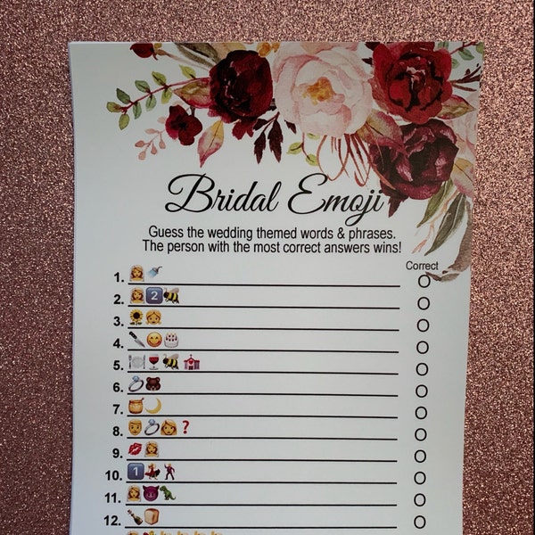 Bridal Emoji Pictionary Game Burgundy Bridal Shower Game Wedding Shower ...