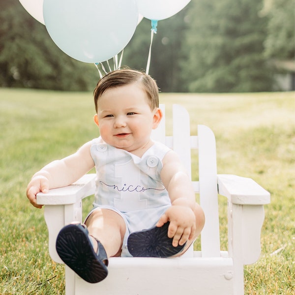 Blue Gingham First Birthday Decor - High Chair Banner, Party Hat, Cake ...