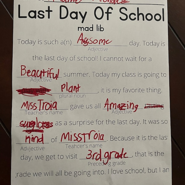 Last Day of School Mad Lib, Silly Story, Fun, Parts of Speech ...