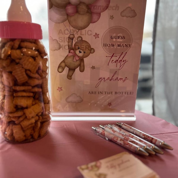 EDITABLE Pink Teddy Bear Welcome Banner, Pink Bear Balloons Baby Shower ...