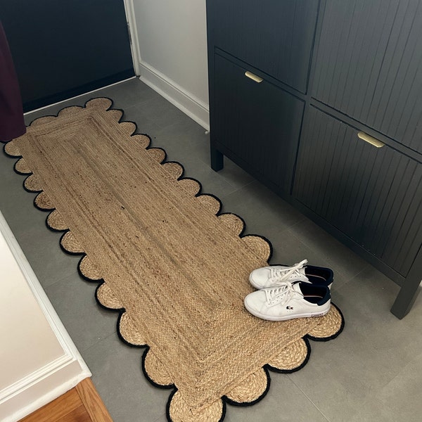 Braided Area Runner, Scallop Natural Jute Runner, Black Scalloped Edge ...