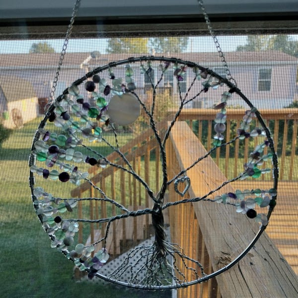 Tree of Life Suncatcher -round With Wire Wrapped Metal Flower, Heart ...