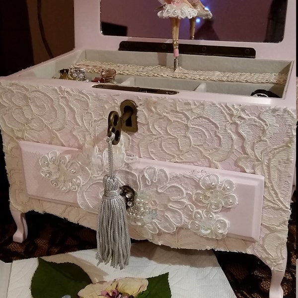 Large Jewelry Box, Vintage Lace and FLOWER BOUQUET of Vintage Jewelry ...