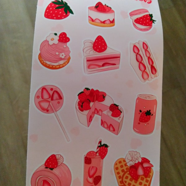 Strawberry Sticker Sheet • Kawaii Aesthetic Cake • Cute Desserts • Pink ...