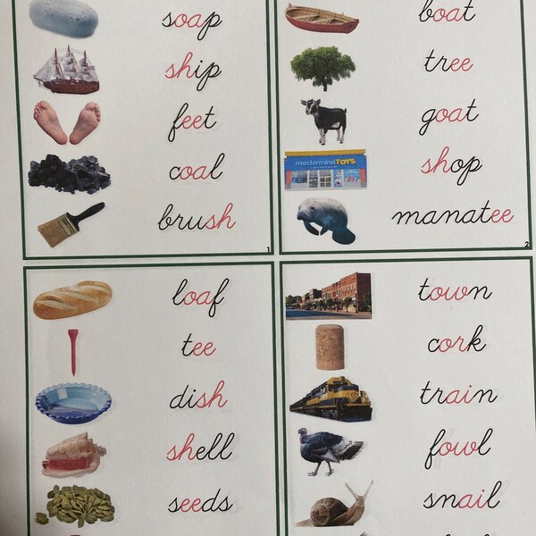 Rhyming Words & Pictures [level 3, Set 2, CURSIVE] - Montessori Phonics ...