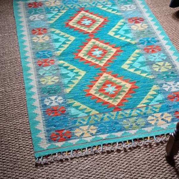 Handmade Kilim Rug, Artisan Afghan Turkish Aztec Natural Wool Kilim Rug ...