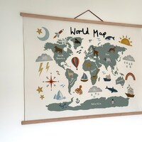 World Map Wall Hanging large, 100% Unbleached Organic Cotton World Map ...