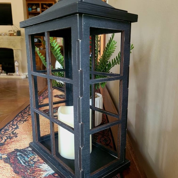 Window Pane Farmhouse Lantern, Rustic Farmhouse Lantern, Faux Candle ...
