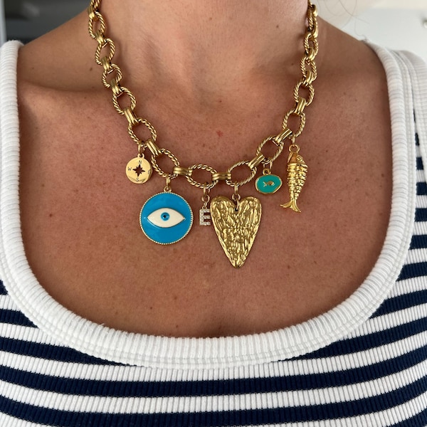 Chunky Charm Necklace, Custom Charm Necklace, Gold Vintage Charm ...