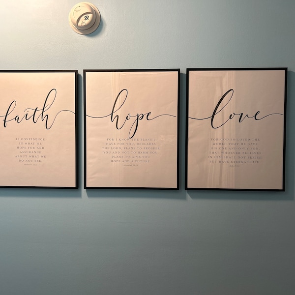 Faith Hope Love Bible Verse Wall Art Set of 3 Prints, Scripture Quote Hebrews 11, Jeremiah 29 ...