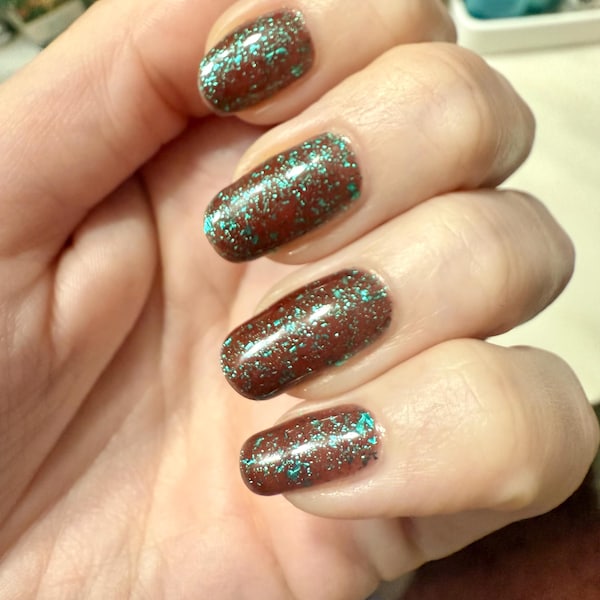 Malacea, Mahogany Brown Jelly Nail Polish: Teal Flakies, Indie Polish ...