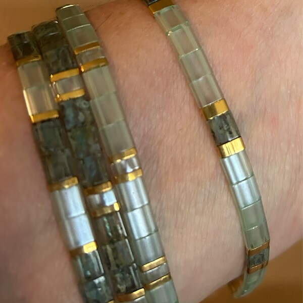 Shades of Green Stackable Beaded Bracelets | Glass Tile Bracelets ...