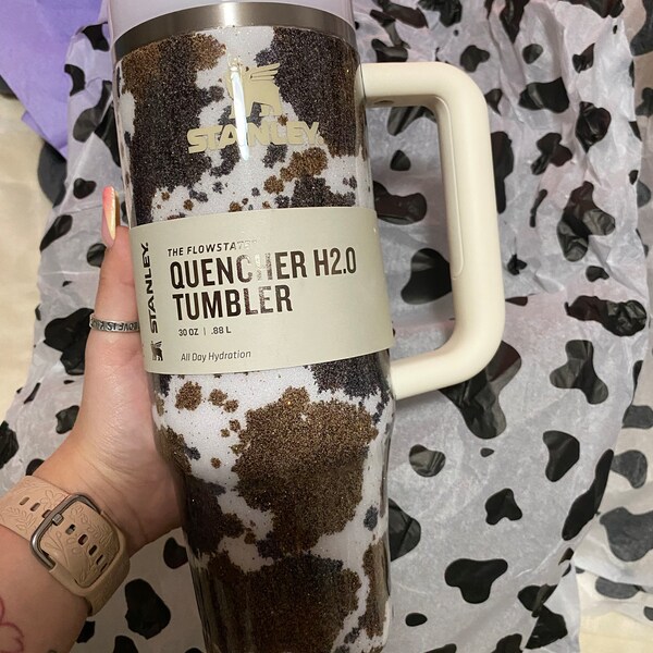 Custom Cow Hide Authentic Stanley Tumbler Epoxy Glitter Cow Print